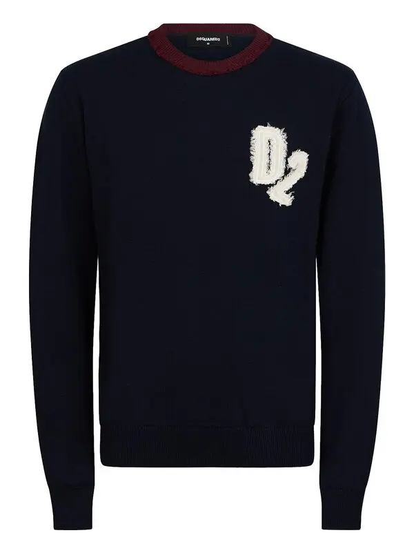 Dsquared2 Wool Pullover With Raw-edge Crew Neck And Patches - Black