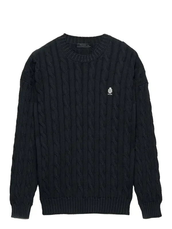 Prada Crewneck Cable Knit Cotton Sweater - Black