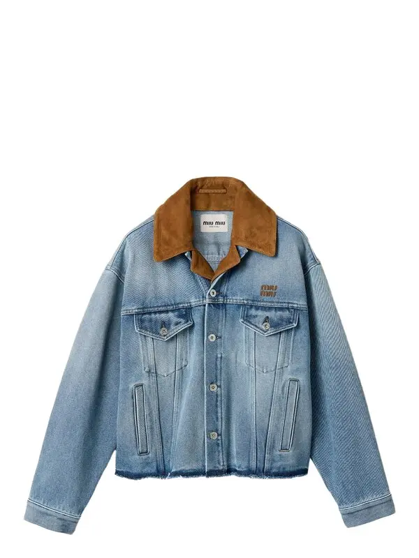 Miu Miu Washed Denim And Suede Collared Jacket - Blue