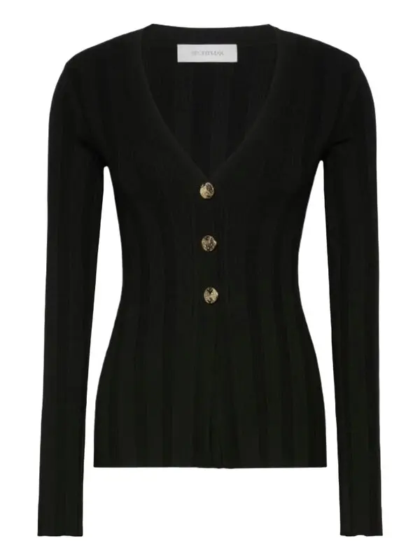 Sportmax Ribbed V-neck Cardigan With Gold Button Detail - Black