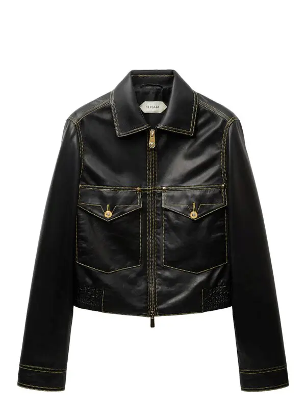 Versace Leather Jacket With Yellow Stitching - Black