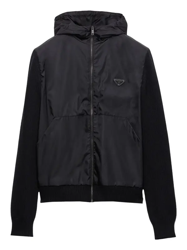 Prada Wool And Cashmere Blend Hooded Cardigan With Re-nylon Inserts - Black
