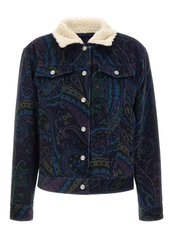 Etro Printed Corduroy Jacket With Shearling Collar - Blue