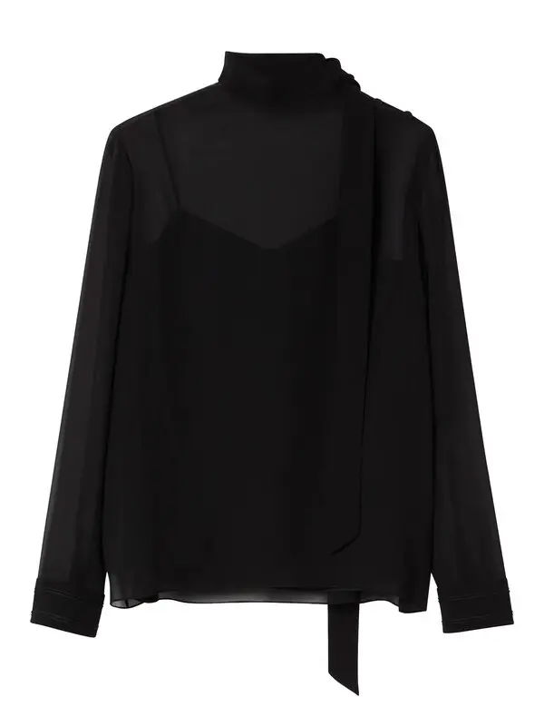 Gucci Silk Georgette Top With Logo Embroidery And Bow Detail - Black