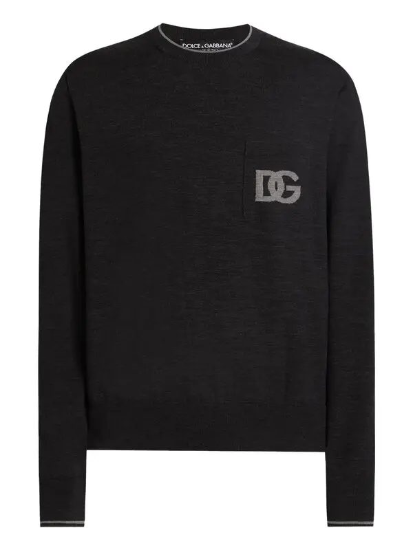 Dolce & Gabbana Crew Neck Sweater With Logo Pocket - Gray