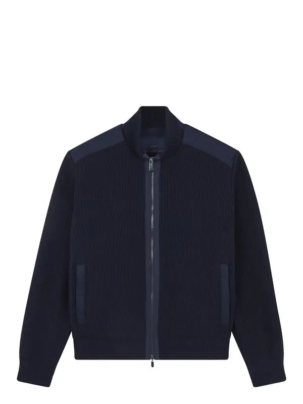 Paul & Shark Full Zip Ribbed Sweater With Suede Accents - Blue