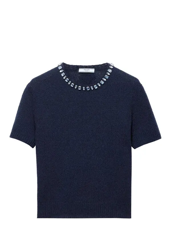 Prada Crew Neck Embellished Sweater In Wool And Cashmere - Blue