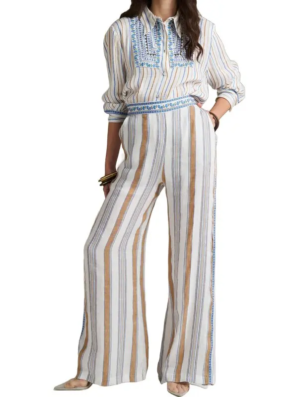 Pho Firenze Striped Shirt With Embroidered Details - Beige