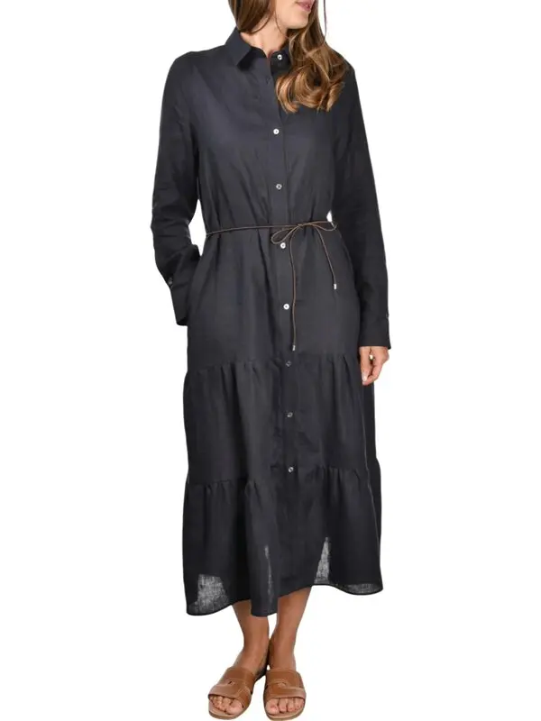 GRAN SASSO Long Sleeve Tiered Button-up Dress - Blue