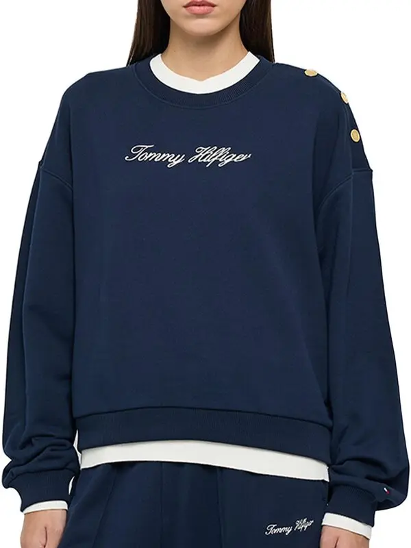 Tommy Hilfiger Gold Button Detail Crewneck Sweatshirt - Blue