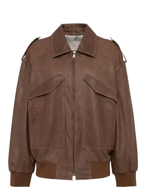 TELA Leather Zip-up Bomber Jacket - Brown
