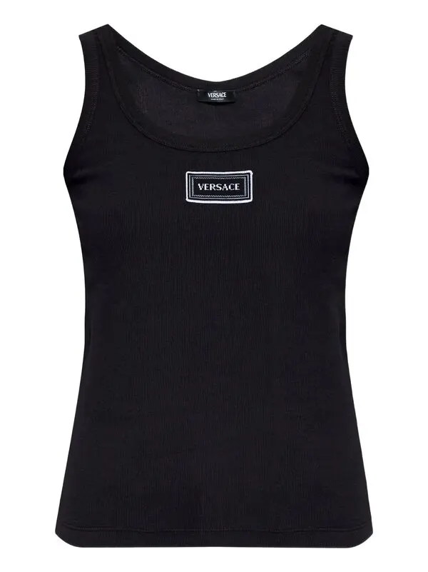 Versace Ribbed Cotton Tank Top With Logo Detail - Black