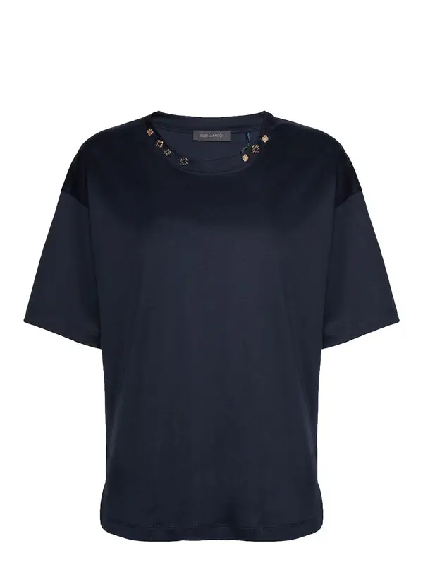 ELENA MIRO` Embellished Neckline T-shirt - Blue