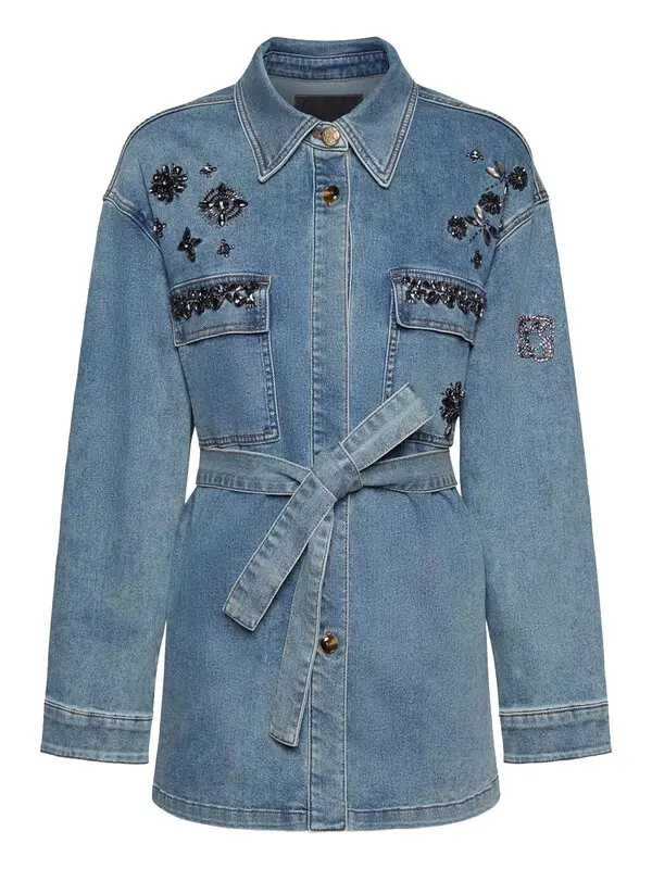 ELENA MIRO` Embellished Denim Belted Overshirt - Blue