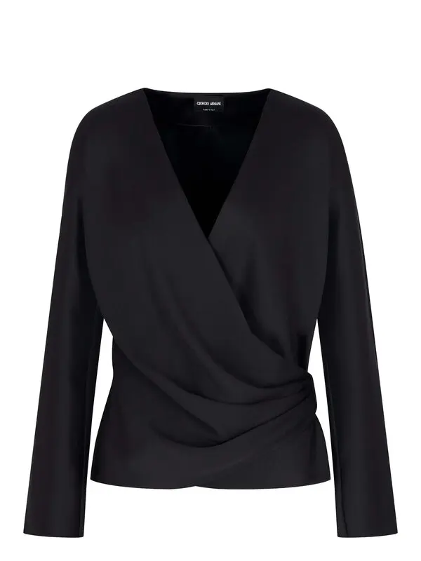Giorgio Armani Silk Double Satin Draped V-neck Shirt - Black