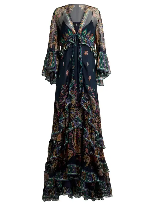 Etro Maxi Flared Dress With Sheer Sleeves - Blue