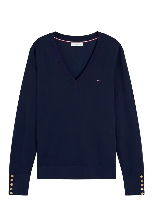 Tommy Hilfiger V-neck Fine Knit Sweater With Button Details - Blue