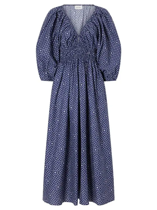 Matteau Shirred Paisley-print Organic Cotton Midi Dress - Blue