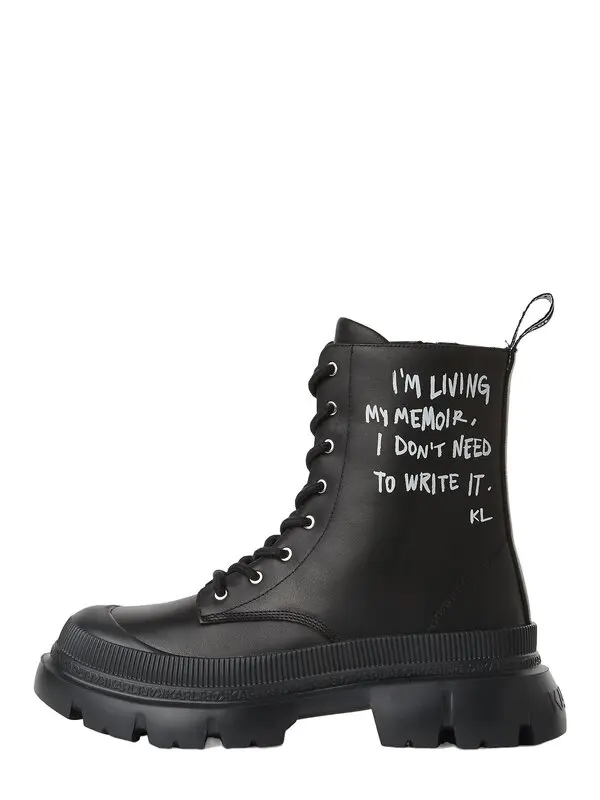 KL JEANS Jeans Lace-up Leather Combat Boots With Quote Embellishment - Black