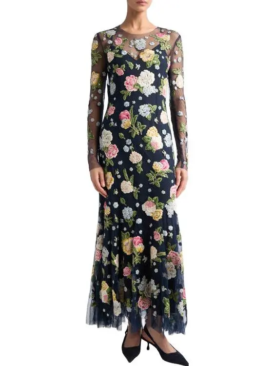 Carolina Herrera Floral Embroidered Sheer Long Sleeve Midi Dress - Midnight