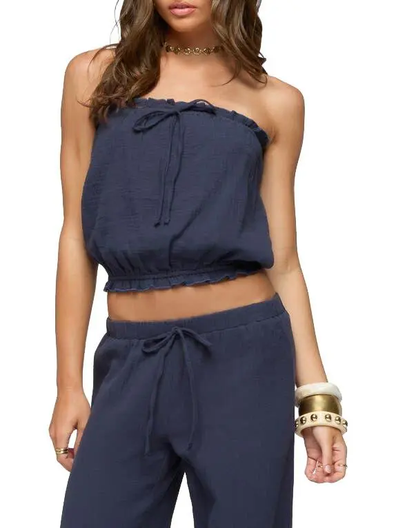 EDIKTED Viktoria Strapless Gauze Bubble Crop Top - Navy