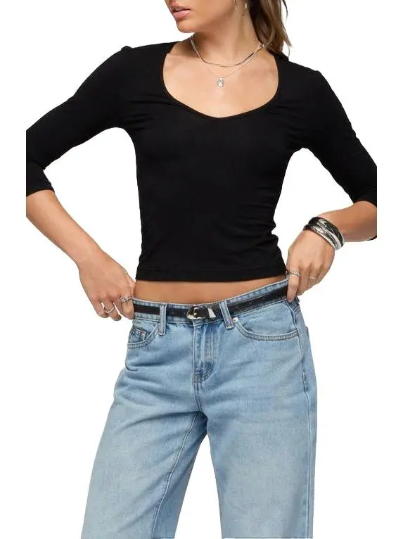 EDIKTED Jamila Three-quarter Sleeve V-neck Jersey Crop Top - Black