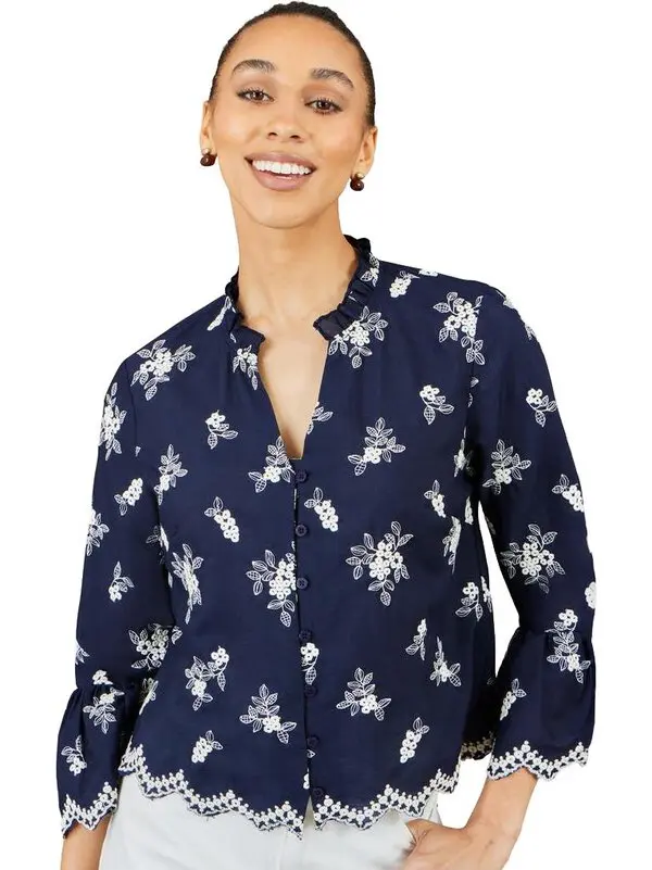 YUMI Floral Print Embroidered Blouse With Fluted Sleeves - Navy