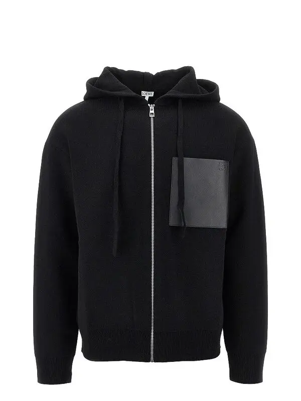 Loewe Knitted Full-zip Hoodie With Leather Pocket - Black