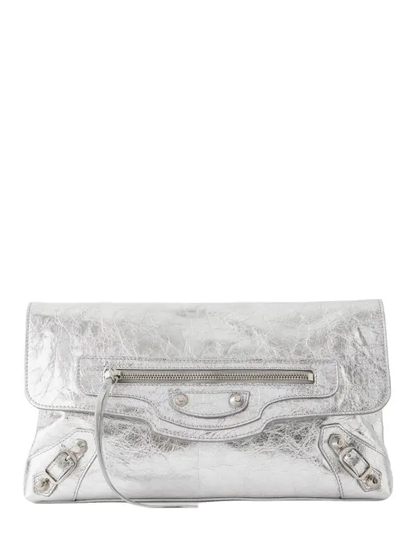 Balenciaga Le City Crinkled-leather Clutch - Silver