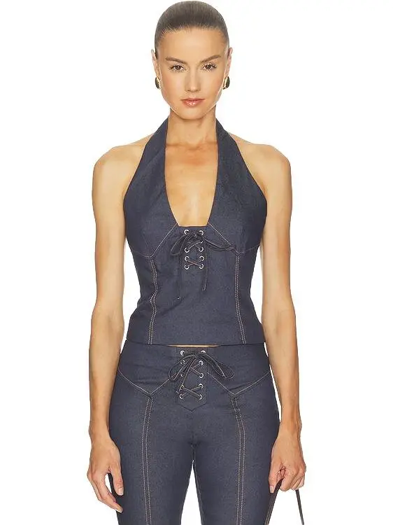 BY.DYLN Halterneck Denim Top With Lace-up Detail - Indigo