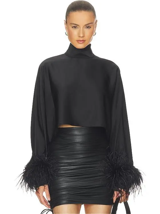 Lapointe Lightweight Satin Caftan Top With Feather Trim - Black