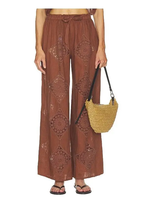 Tularosa Claudia Embroidered Linen Wide Leg Pants - Brown