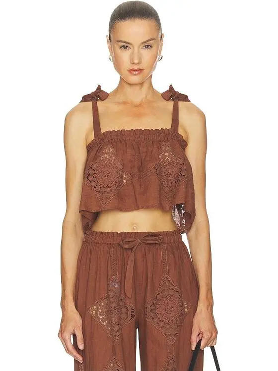 Tularosa Olivia Embroidered Linen Top - Brown