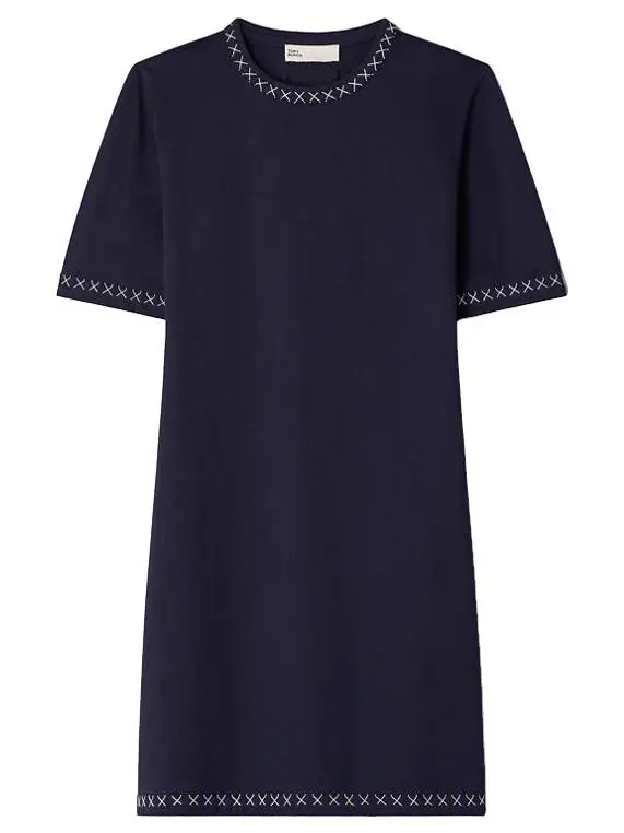 Tory Burch Embroidered Cotton T-shirt Dress - Medium Navy