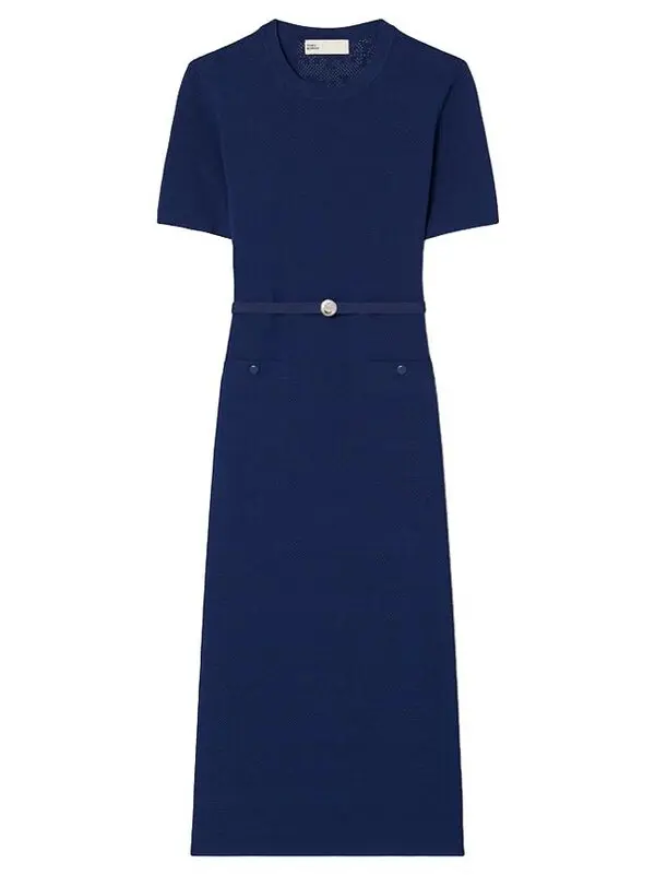 Tory Burch T Monogram Pointelle Knit Midi Dress - Ocean