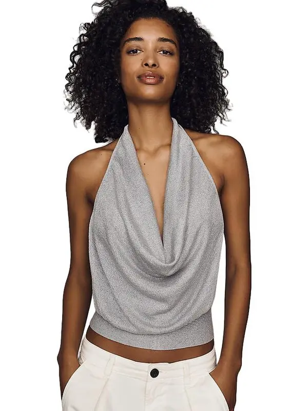 Anthropologie Halter-neck Metallic Knit Sweater - Light Grey