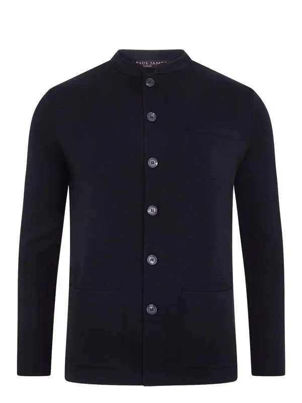 PAUL JAMES KNITWEAR Extra Fine Merino Wool Knitted Nehru Jacket - Black