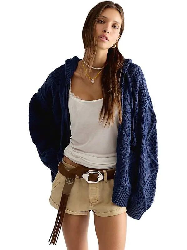 FOUND Zip-up Cable Knit Hoodie - Navy