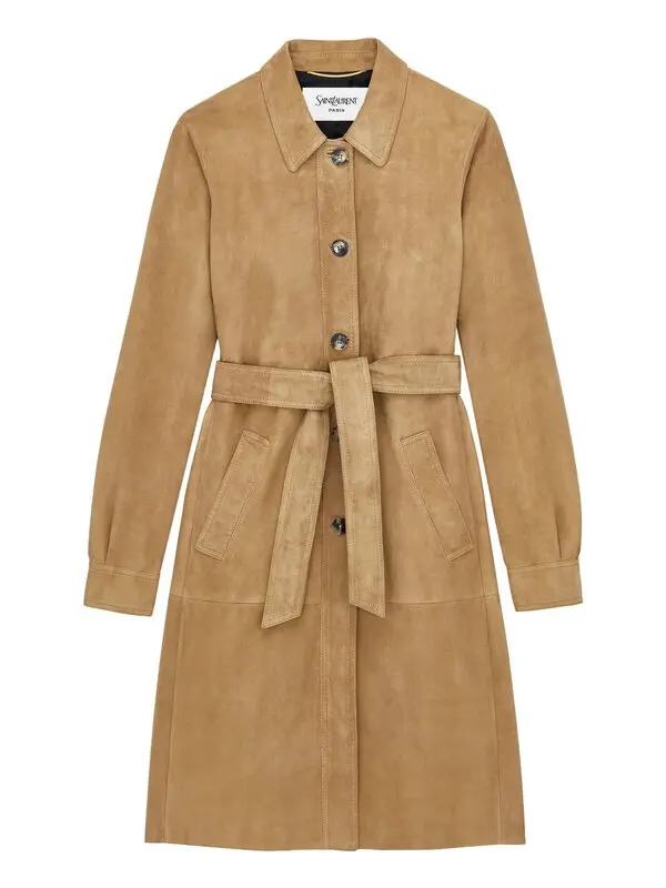 Saint Laurent Belted Suede Coat - Tabac