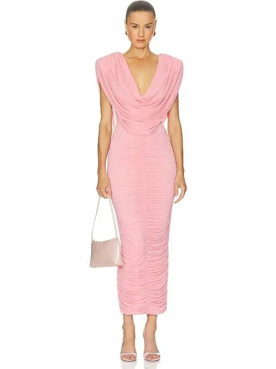 Ronny Kobo Ruched Midi Dress With Padded Shoulders - Pink