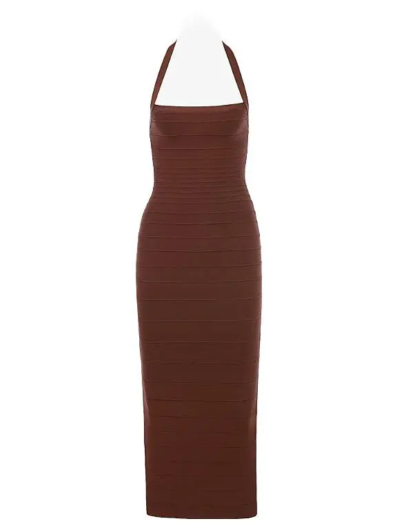 House Of Cb The Silhouette Halterneck Woven Maxi Dress - Brown