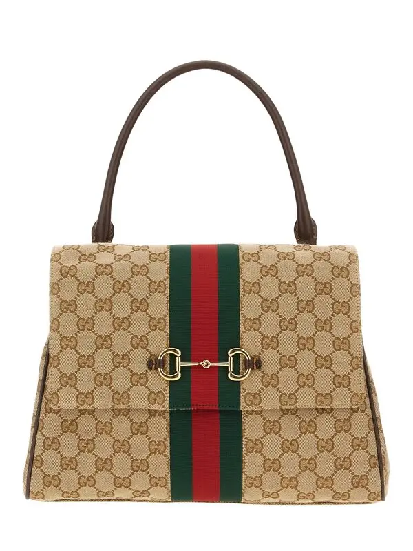 Gucci Monogrammed Canvas Handbag With Green And Red Stripe Detail - Multicolor