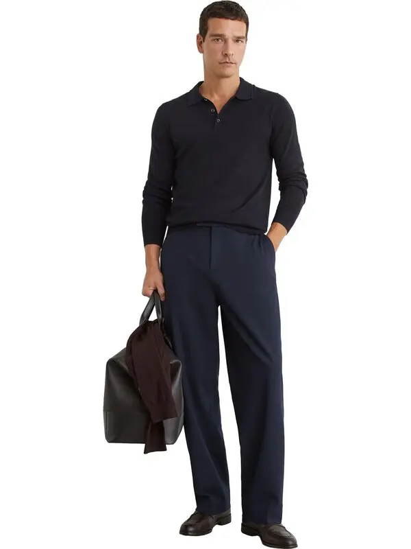 REISS Trafford Merino Wool Long-sleeve Polo Shirt - Navy