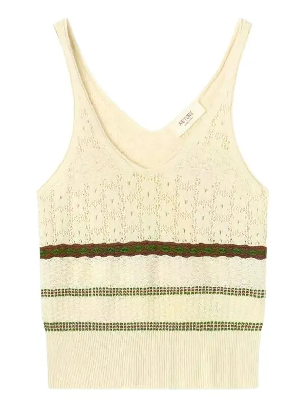 RETORI Knit Cotton Top With Floral Stitch Pattern And Striped Hem - Neutrals