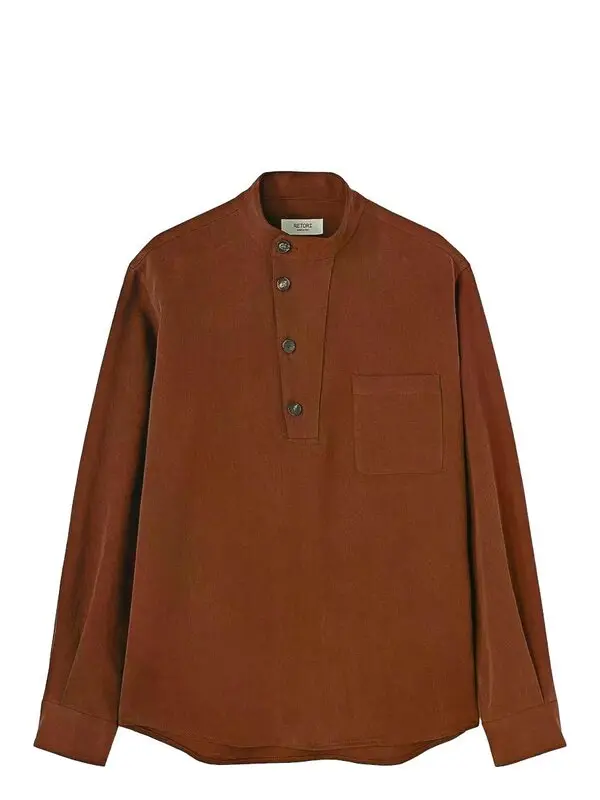 RETORI Band-collar Half-placket T-shirt - Brown