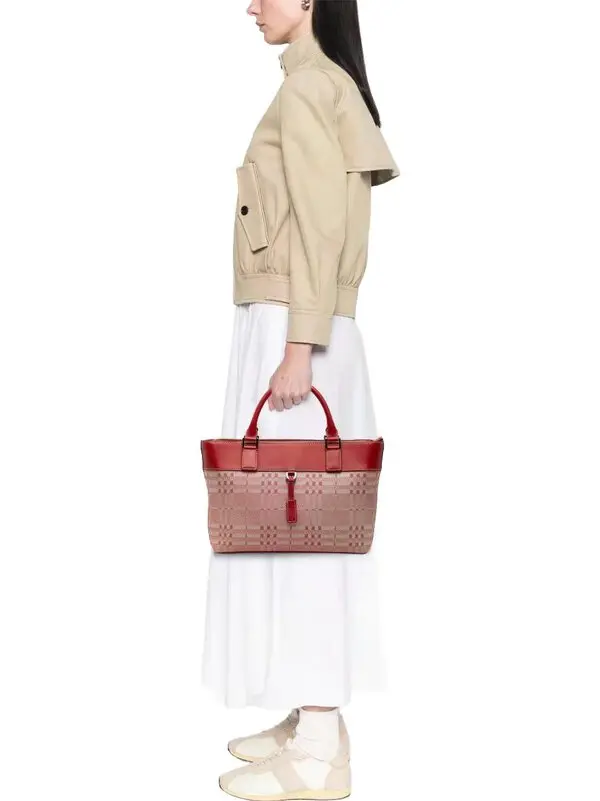 Burberry Leather Trimmed Tonal Check Canvas Handbag - Red