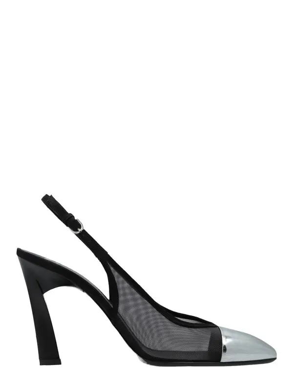 Emporio Armani Mesh Slingback Block Heel Shoes With Silver Cap Toe - Black