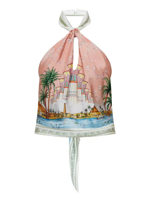 Casablanca Silk Halter Neck Top With Open Back And Oriental Landscape Print - Pink