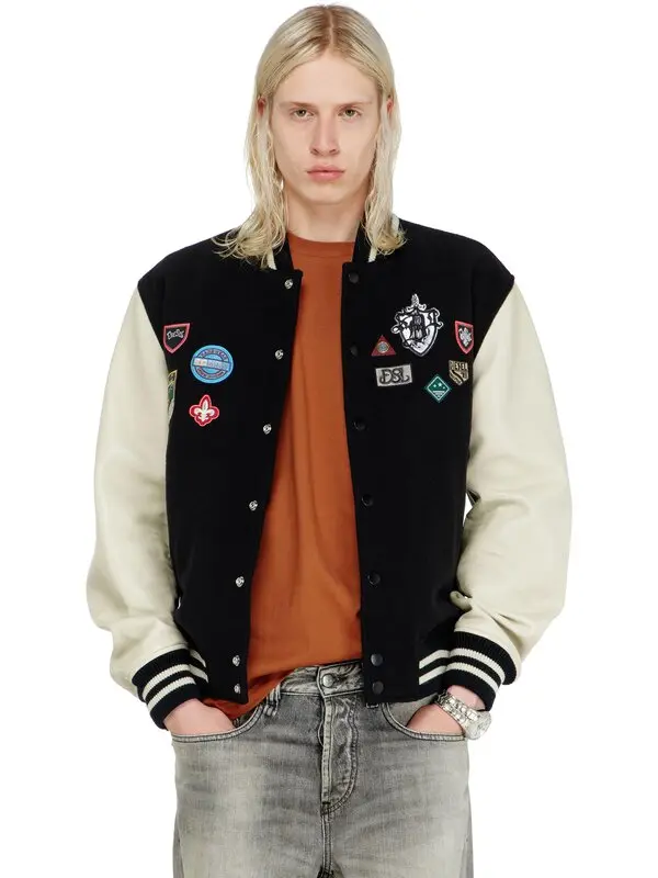 DIESEL® Wool And Leather Varsity Bomber Jacket With Patches - Multicolor