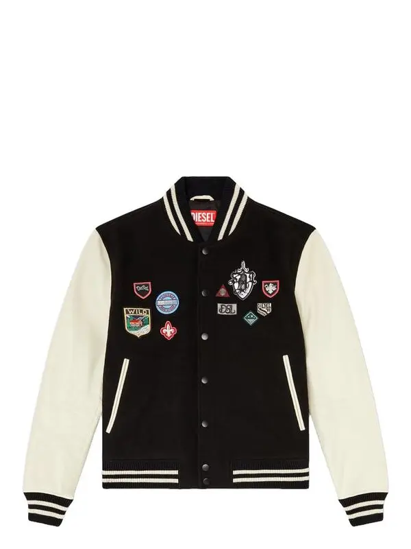 DIESEL® Wool And Leather Varsity Bomber Jacket With Patches - Multicolor